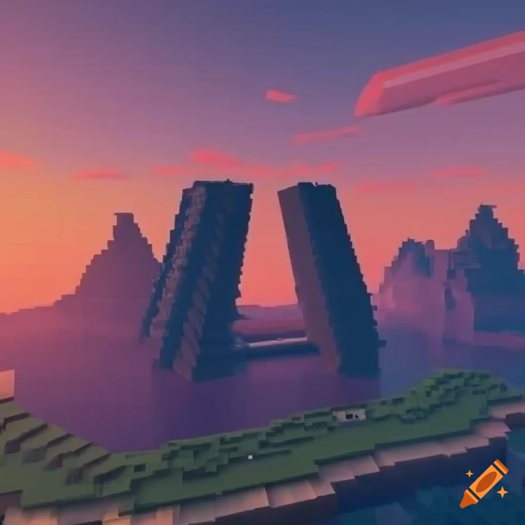 Minecraft rendering of a complex building with vehicles at sunset ...
