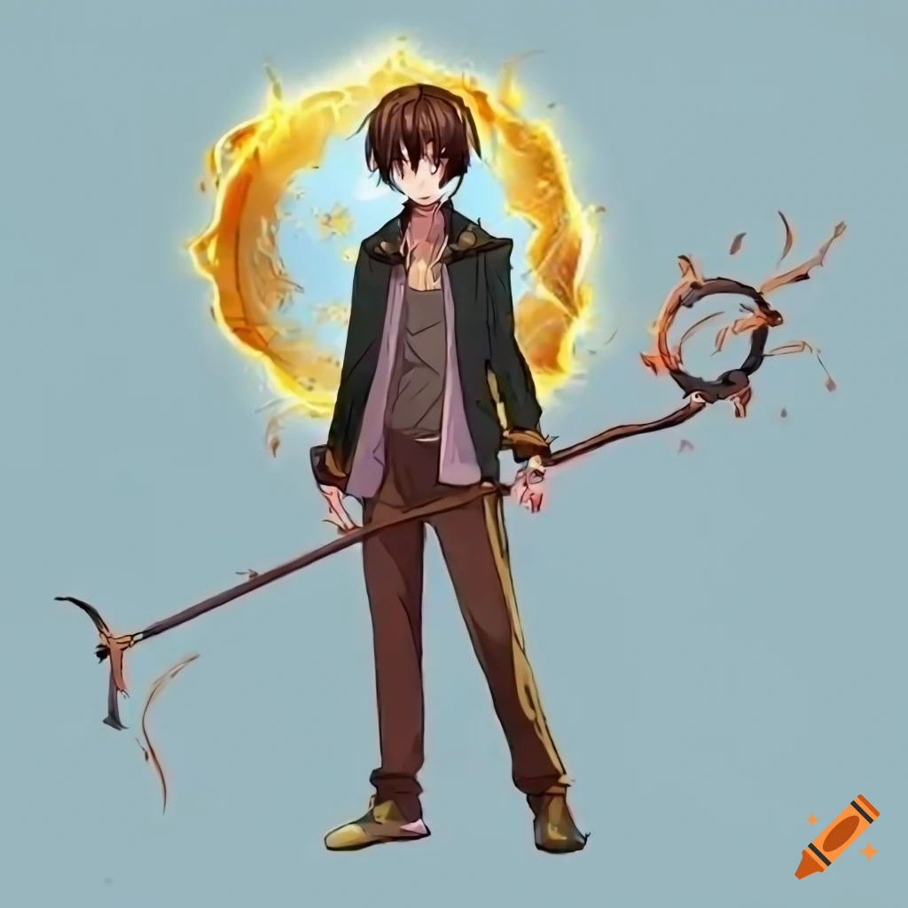 Anime-style young man with brown hair controlling the sun with a magic ...