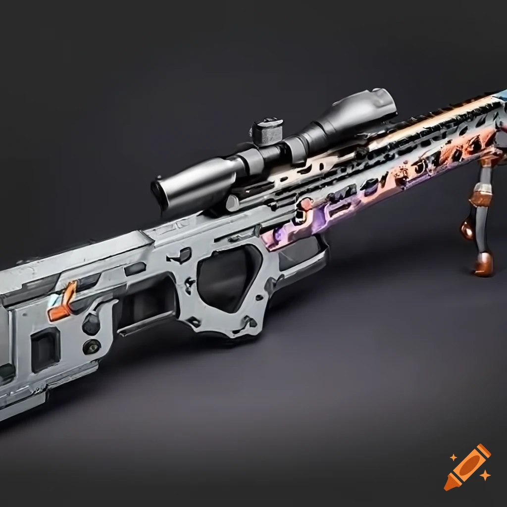 High-tech Sci-Fi sniper rifle with multi-colored cooling tubes and ...