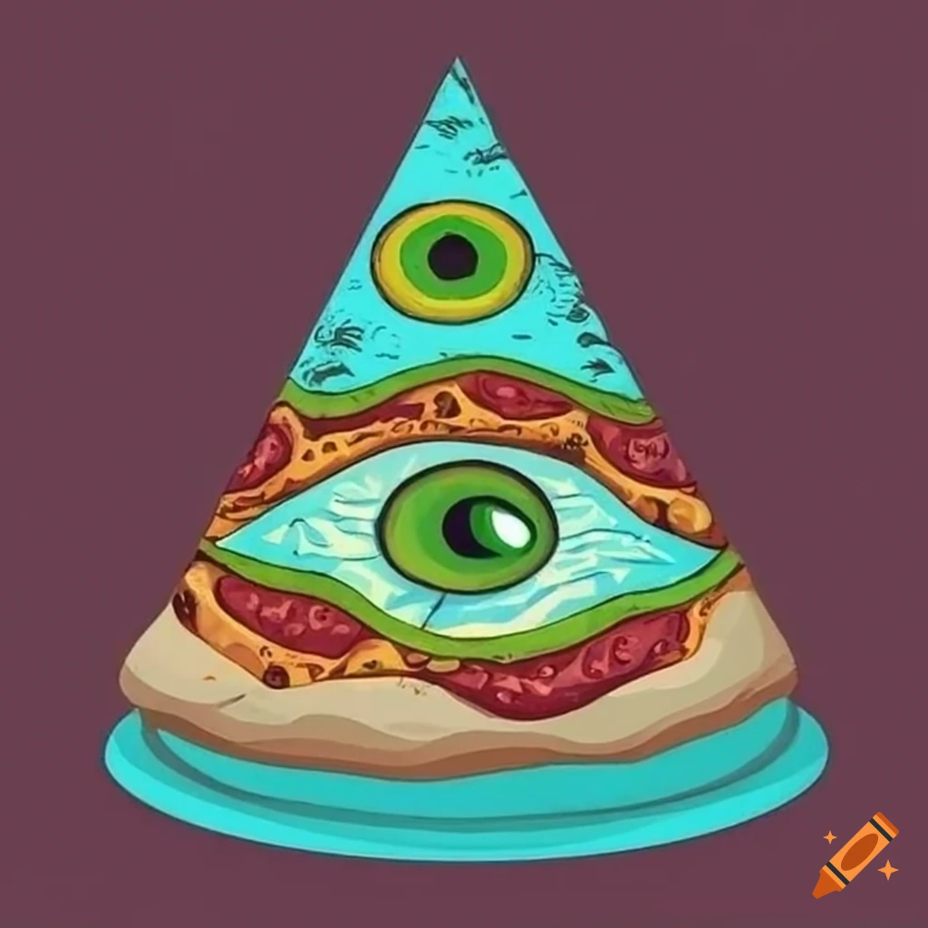 Surreal pizza pyramid with intriguing eye reminiscent of the Illuminati ...