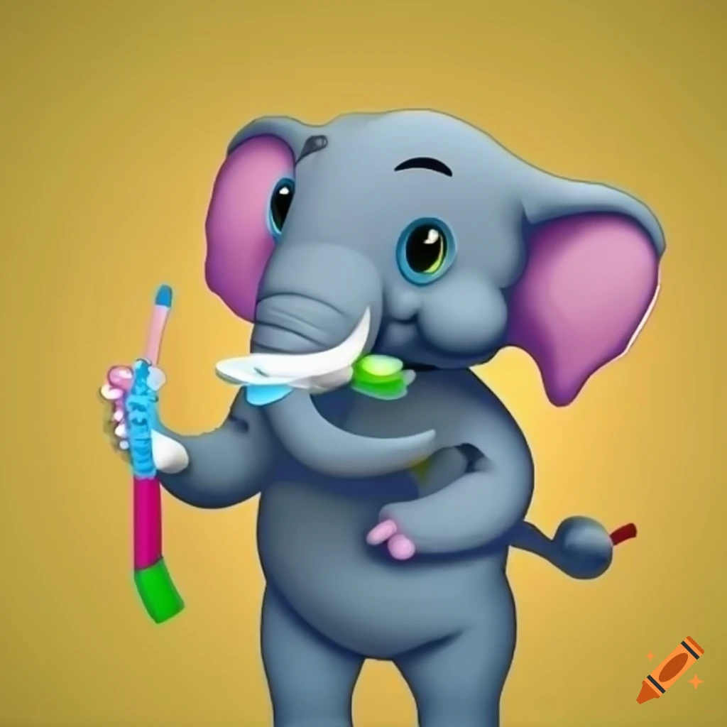 Cute elephant using a toothbrush and colorful toothpaste in a cartoon ...