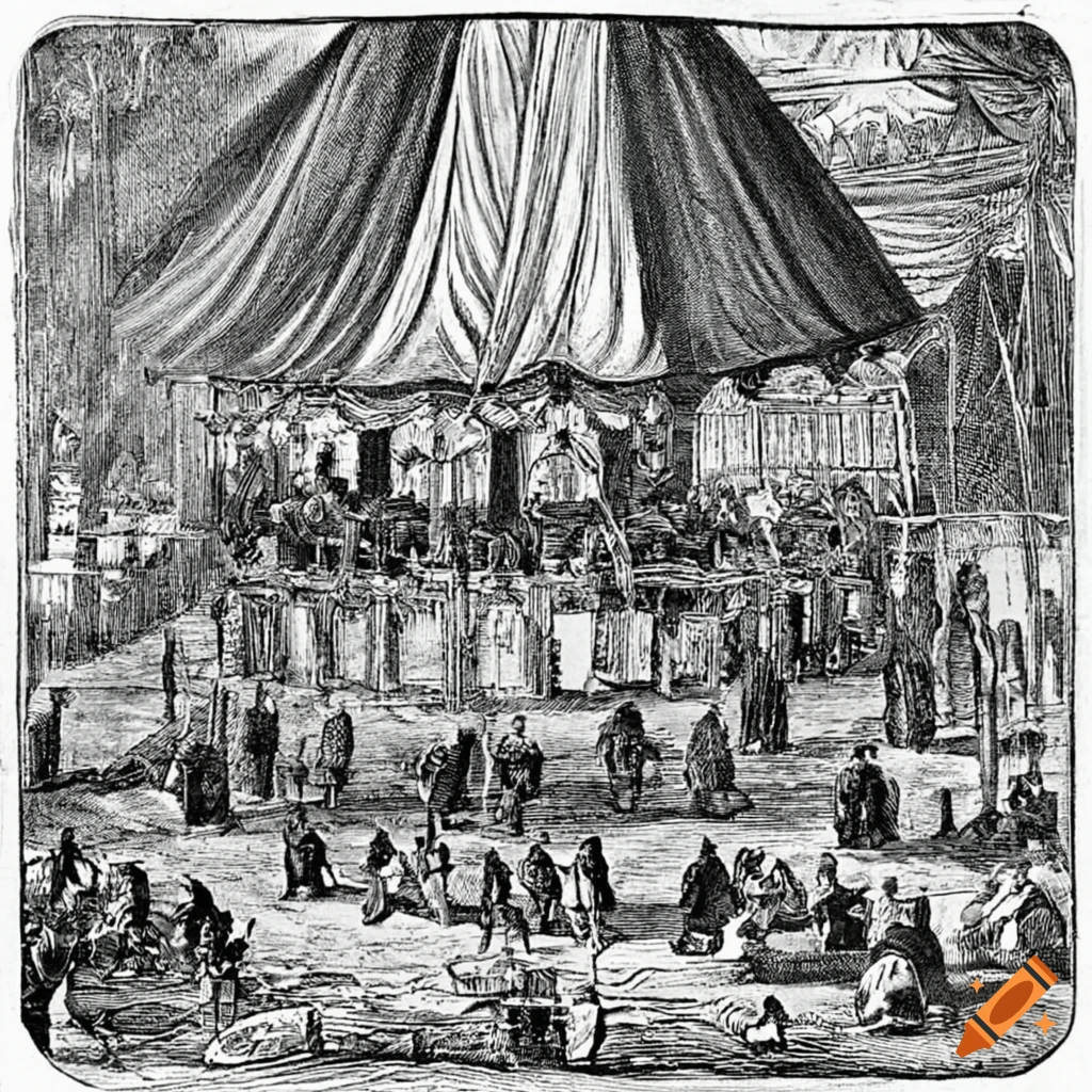 Victorian era World's Fair with colorful tents, inventions, and diverse ...