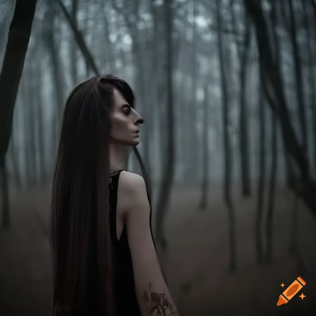 Woman in a dark forest being stalked by a wendigo on Craiyon