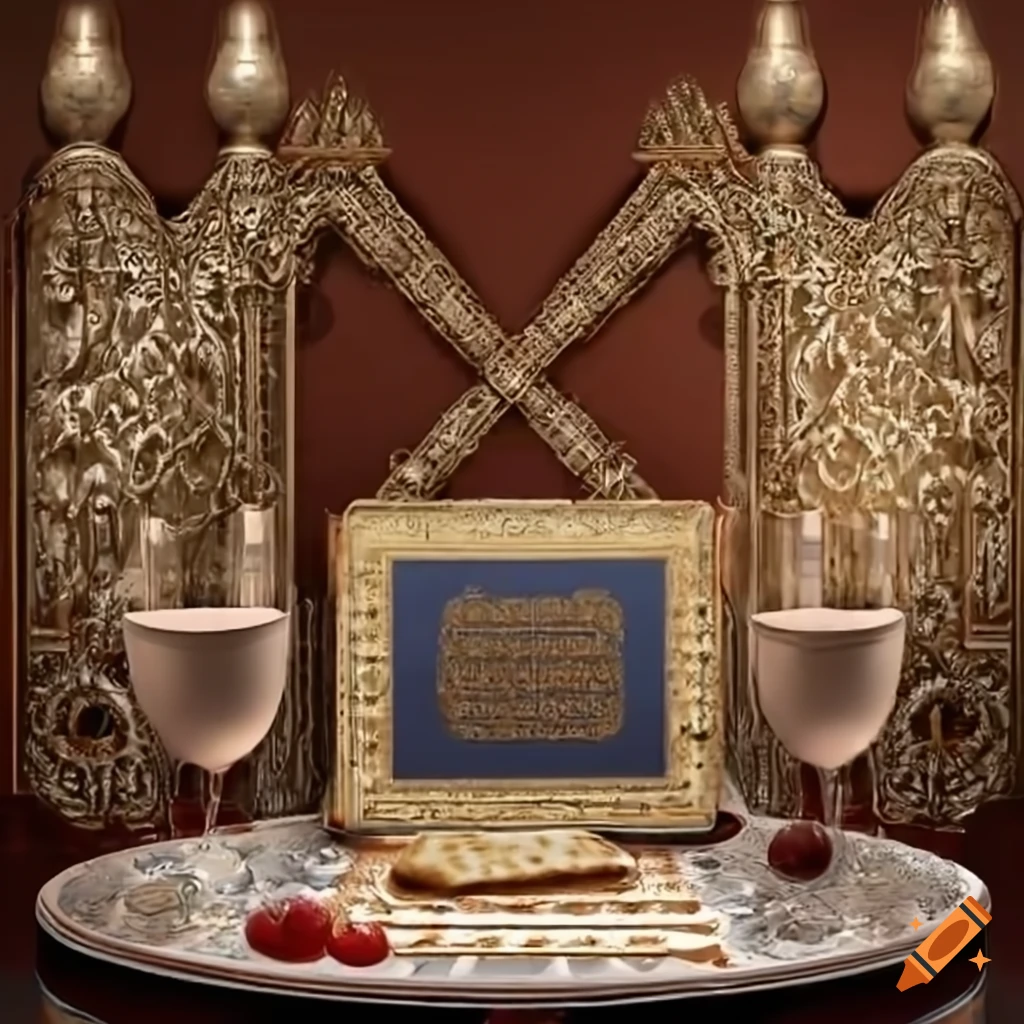 Jewish Passover scene with matzohs, red wine, Haggadah, and Seder plate in 3D rendering on Craiyon