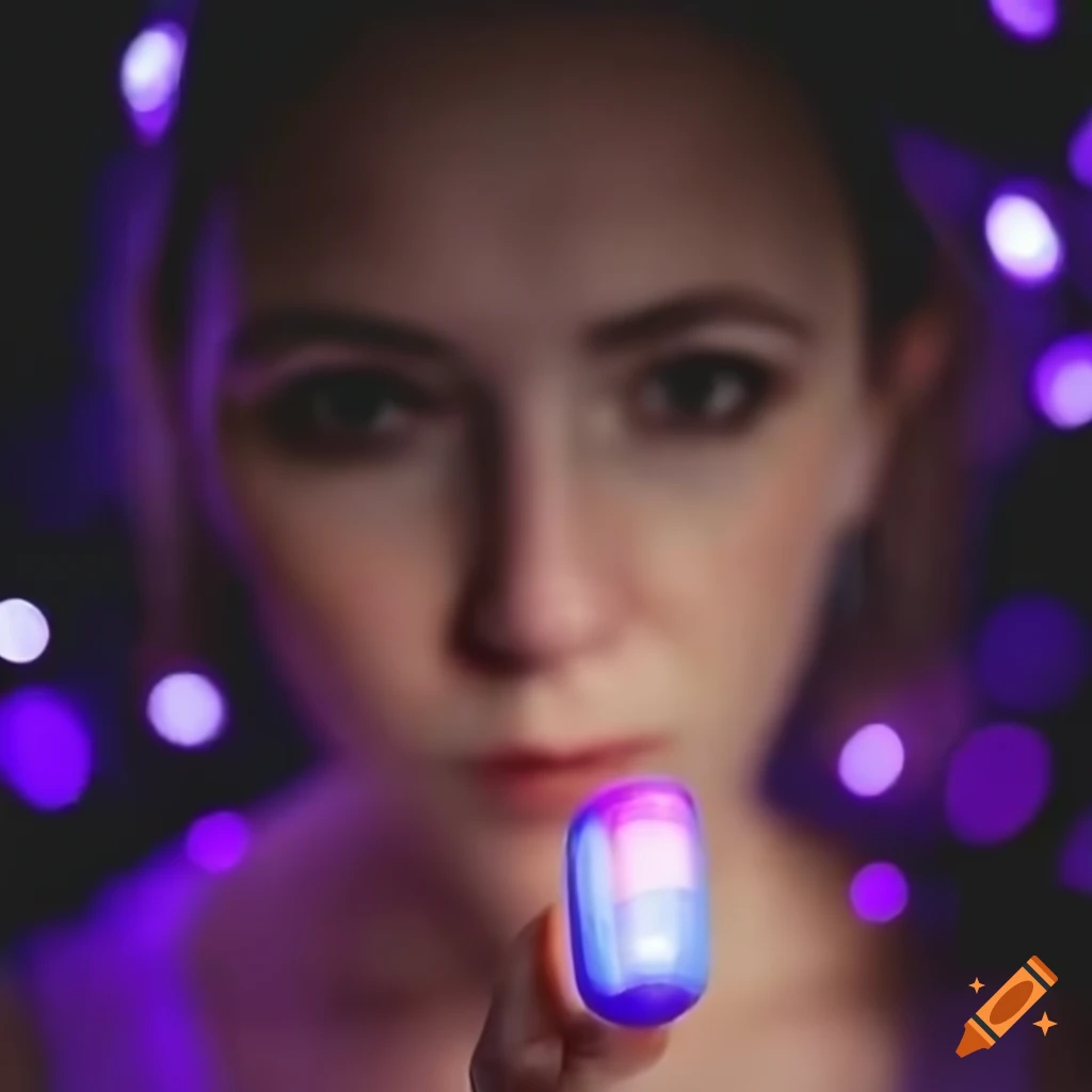 Cool lady holding a purple pill in matrix style digital rain on Craiyon