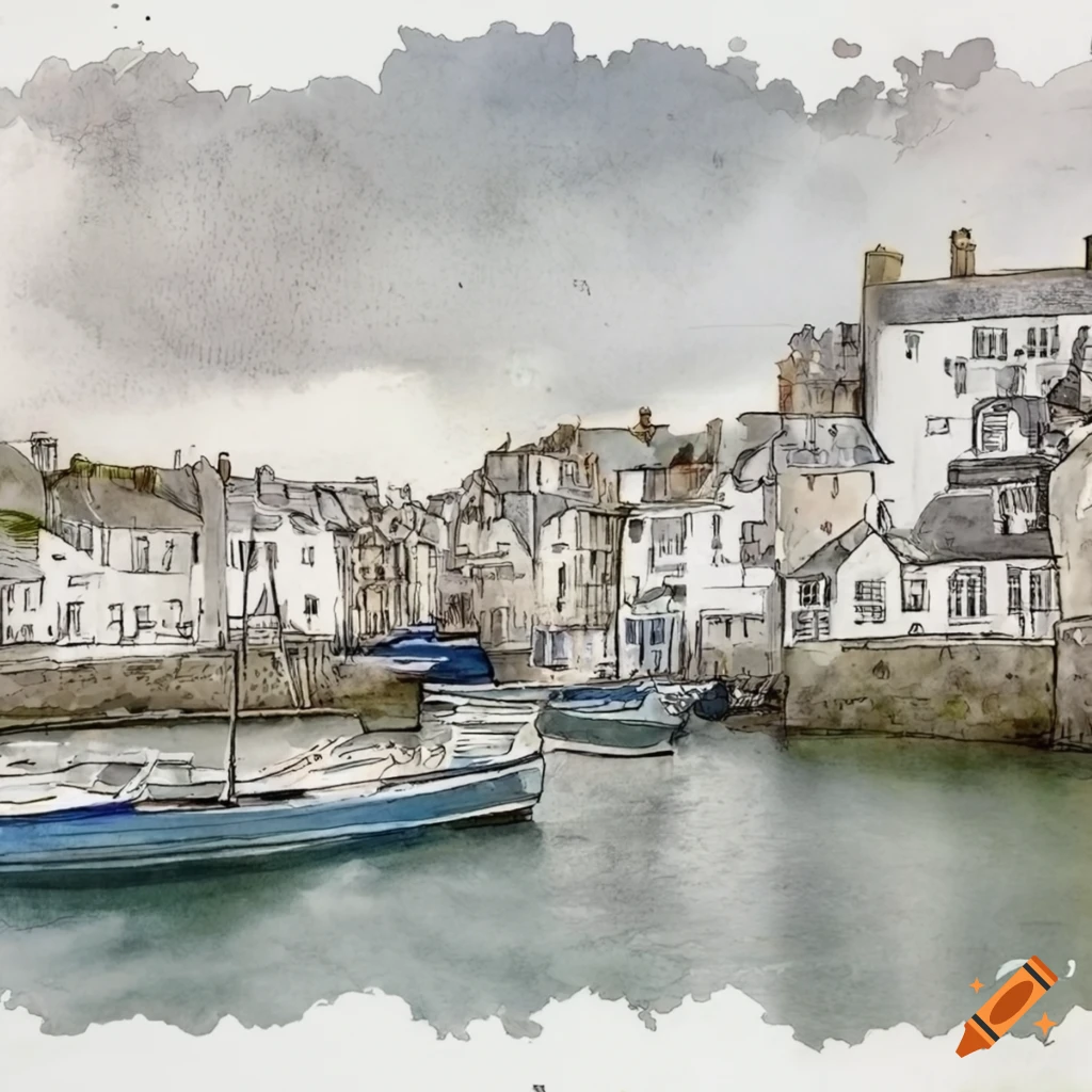 Black-and-white sketch drawing of historic Cornwall town and harbor in ...