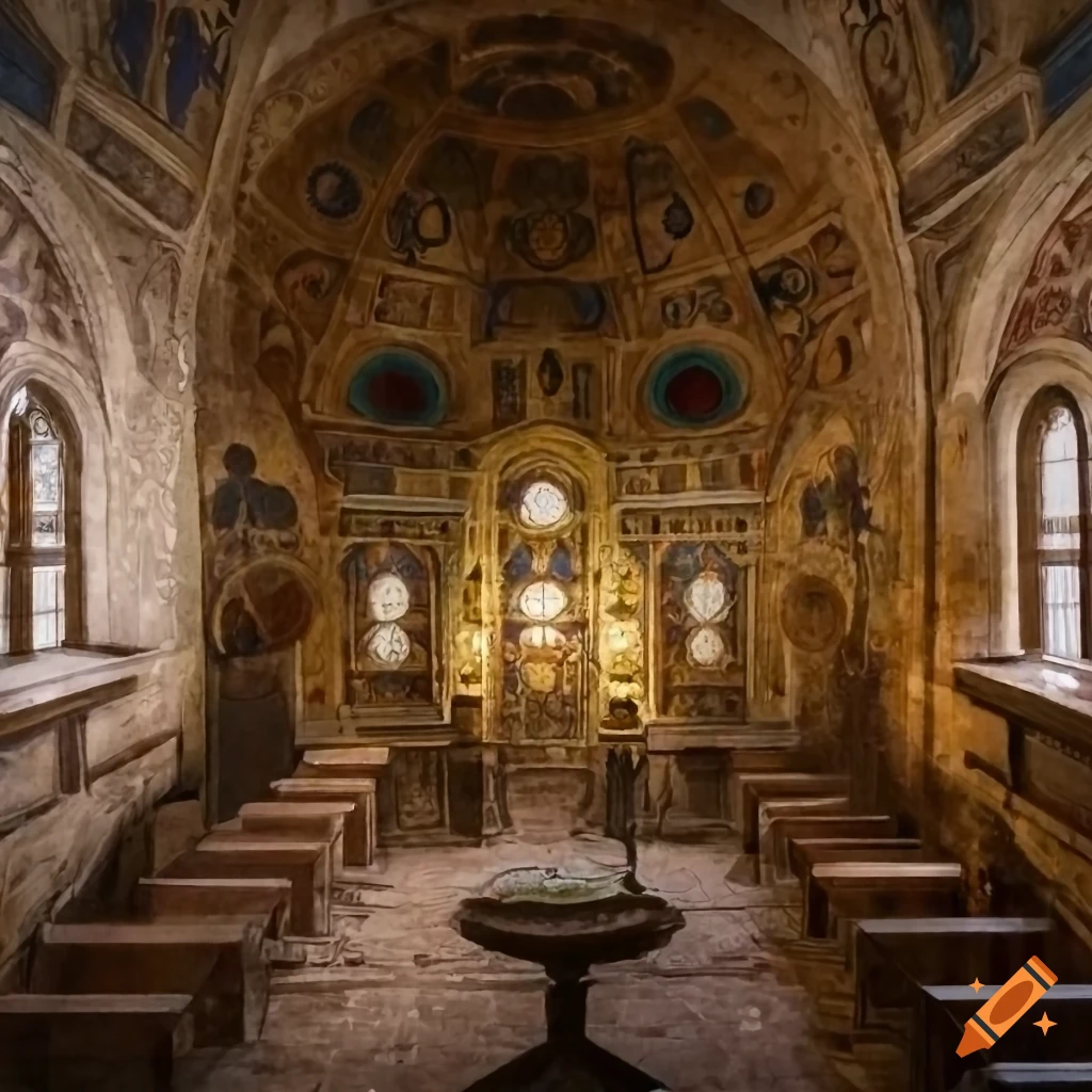 Interior view of an ancient synagogue with star of david frescoes on ...