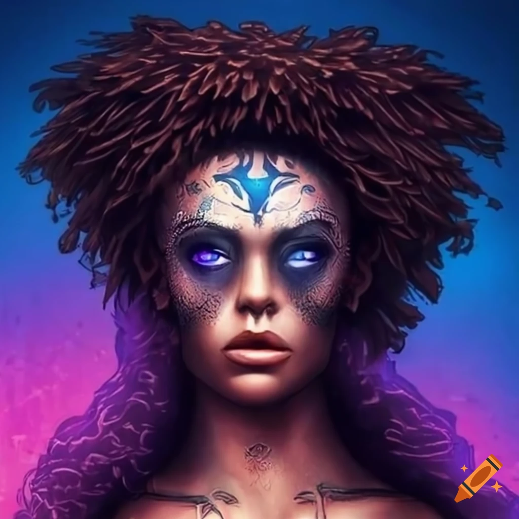 Uma kimera humanoid with eagle feather-like hair and blue skin with ...