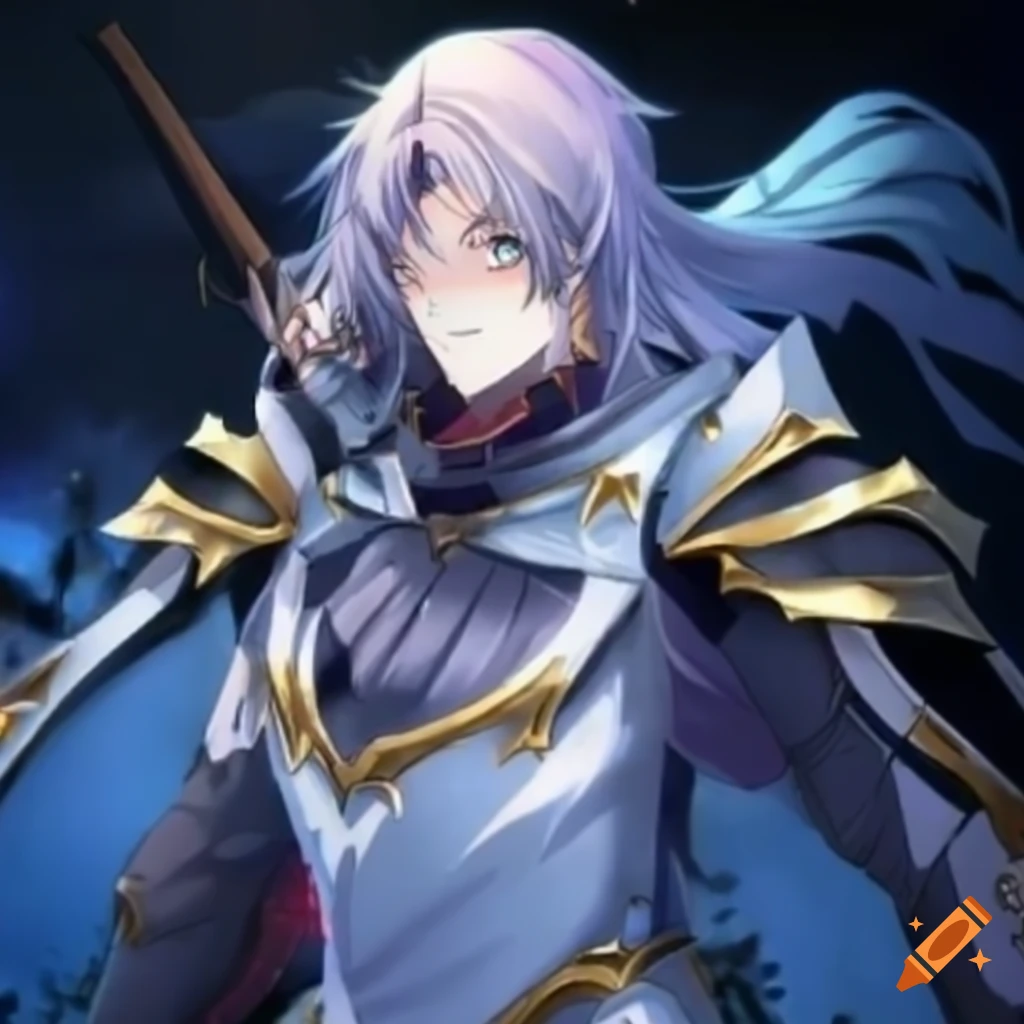 Anime legendary knight with a priest in a religious setting on Craiyon