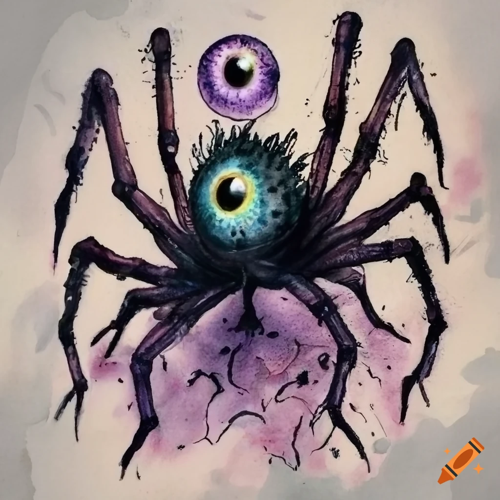 Horror eyeball spider in a Lovecraftian style with watercolor wash and ...