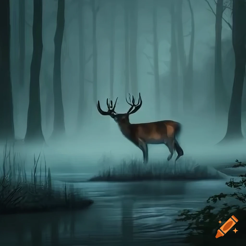 Deer standing in a fog-filled forest with a river and mountains in ...