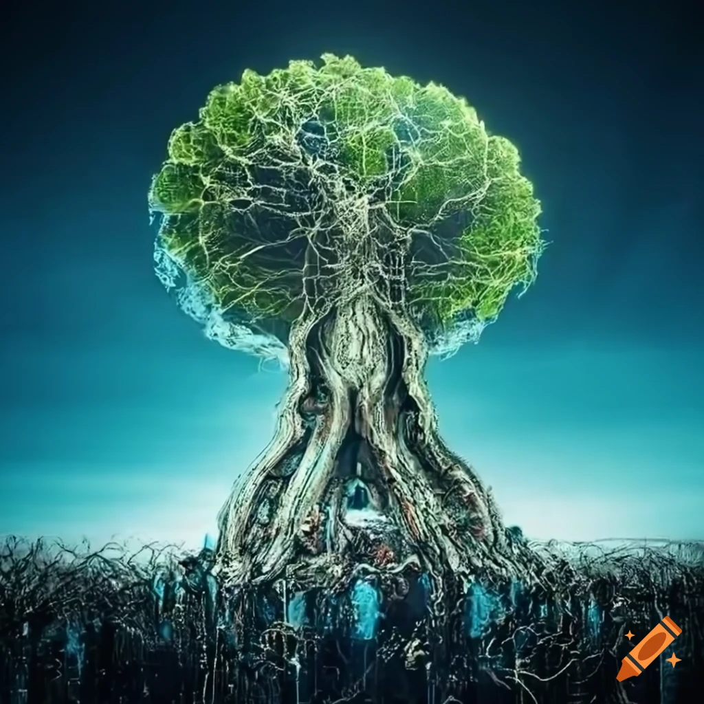 Futuristic mechanical tree symbolizing growth with onlookers and money ...
