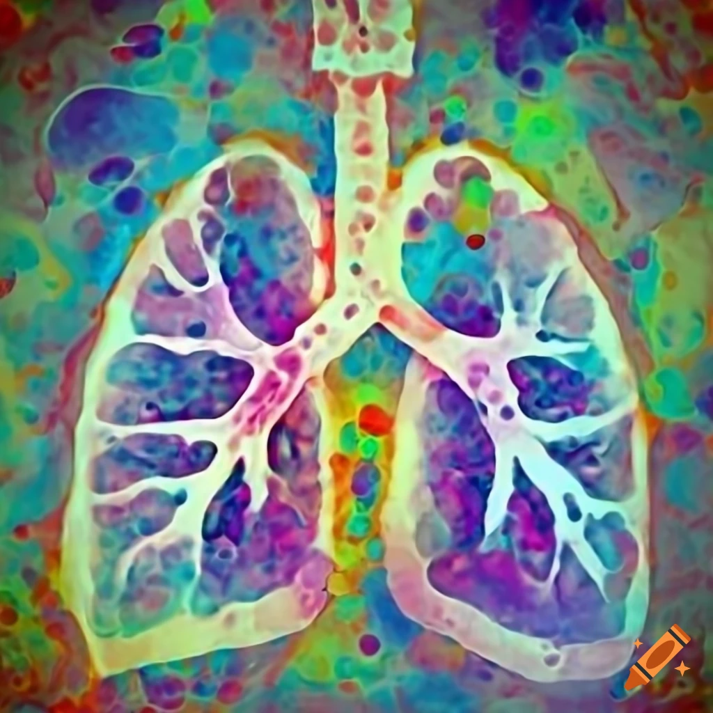 Watercolor chest x-ray surrounded by clinical pathology cells on Craiyon