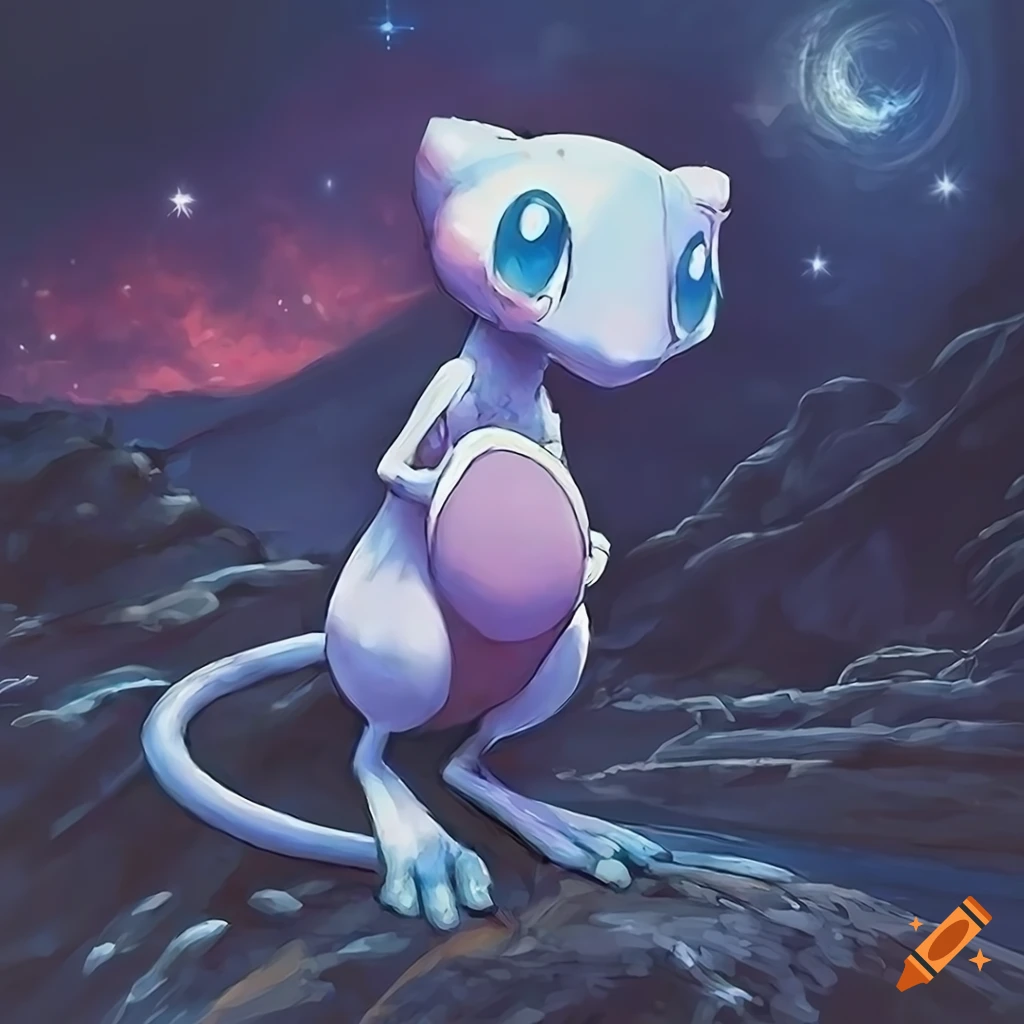 Mew (pokémon) under a starry sky in a detailed and beautiful setting on ...
