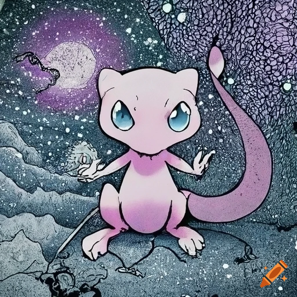 Mew (Pokémon) under starry sky by Junji Ito, ink drawing on Craiyon