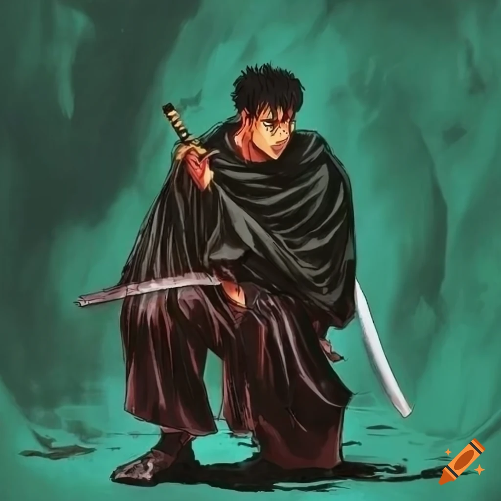 Guts in samurai robes with katana in 90's manga style on Craiyon