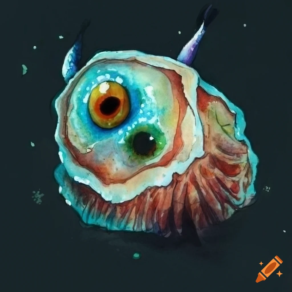 Surreal horror eyeball sea slug in watercolor wash and india ink on Craiyon