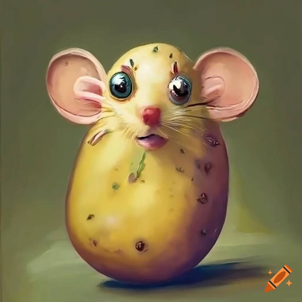 Scared storybook potato-shaped mouse made of potatoes in oil painting ...