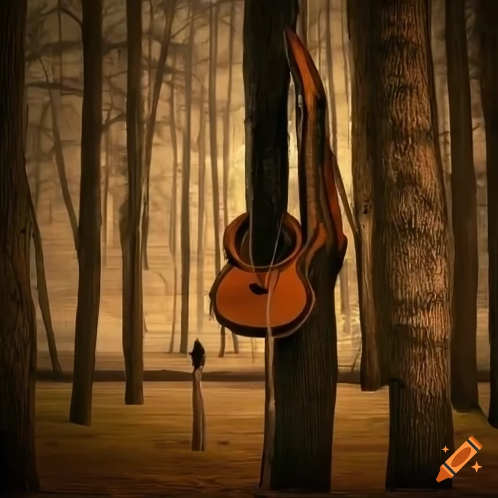 Forest trees with wood grain bark resembling musical notes and ...