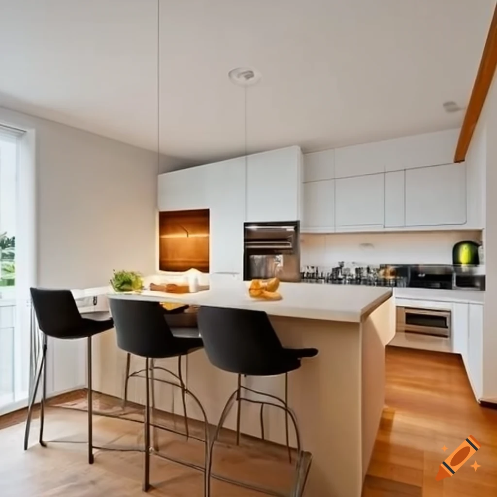 Spacious modern open space kitchen with balcony and island on Craiyon