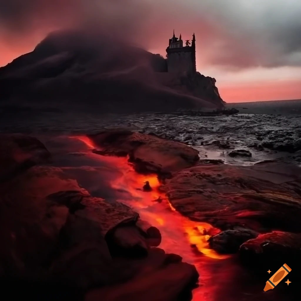 Hellscape with fire and brimstone, red and black clouds, lava river ...