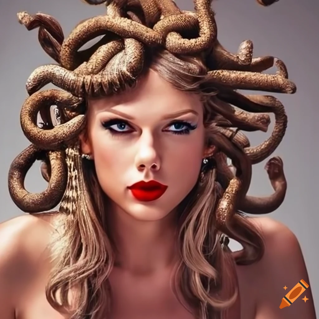 Pop star with mythological medusa hairstyle and heart sunglasses on Craiyon