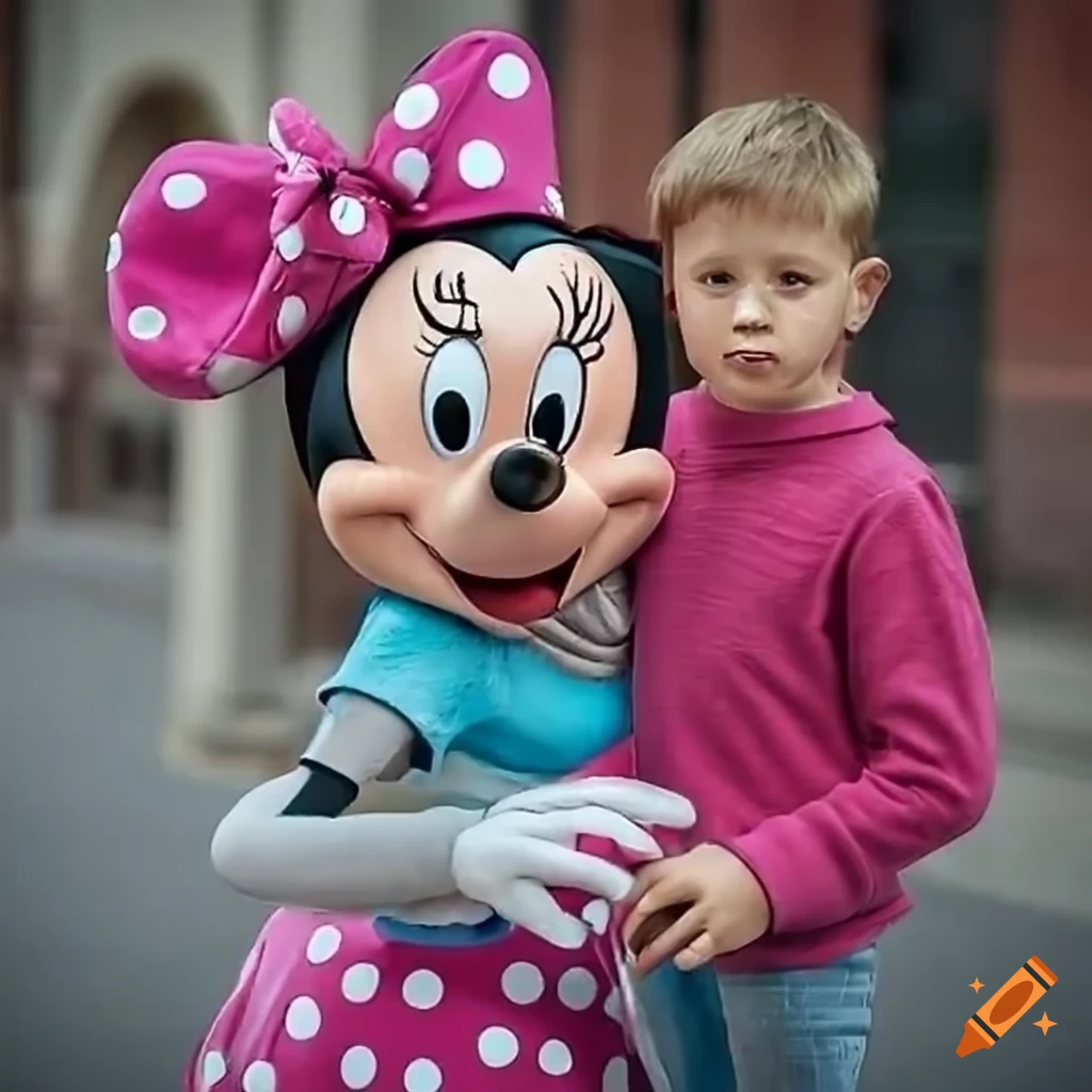 Minnie mouse carrying a boy on a city street on Craiyon