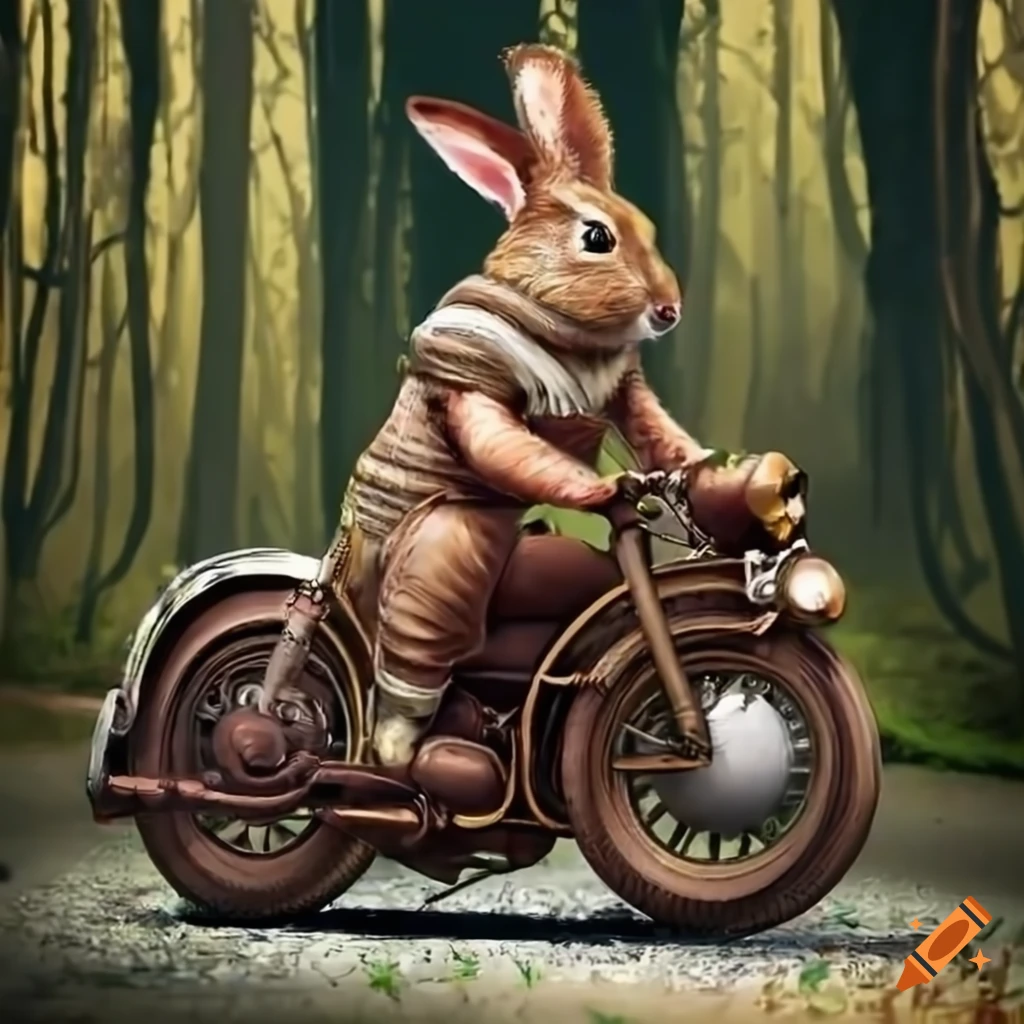Highly detailed rabbit riding a vintage motorcycle through a forest ...