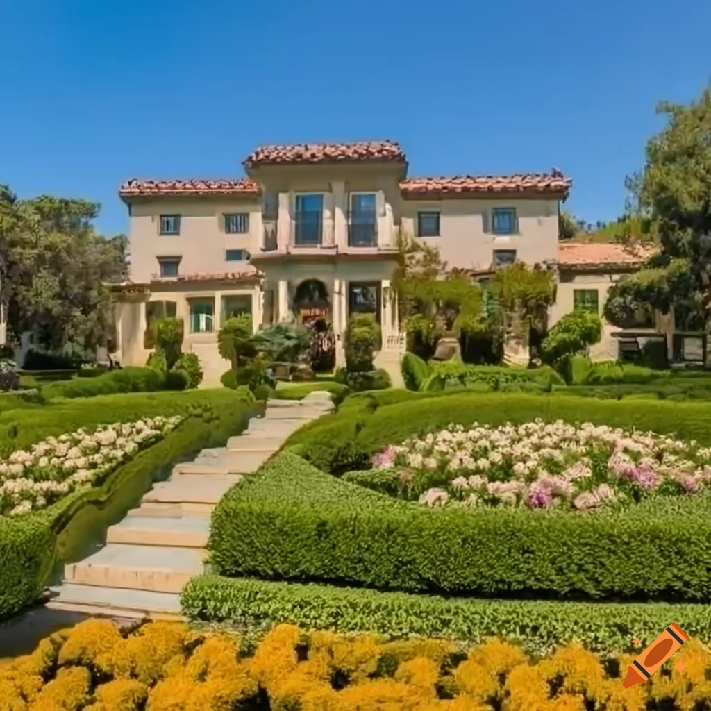 Glamorous California mega-mansion entrance with colorful garden on Craiyon