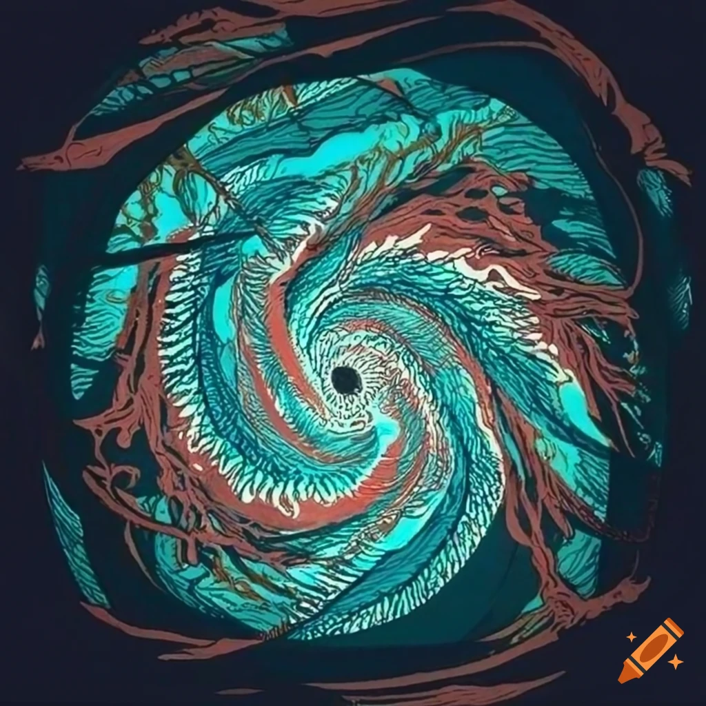 Intricate landscape with one-line spiral drawing of kodama tree spirit ...