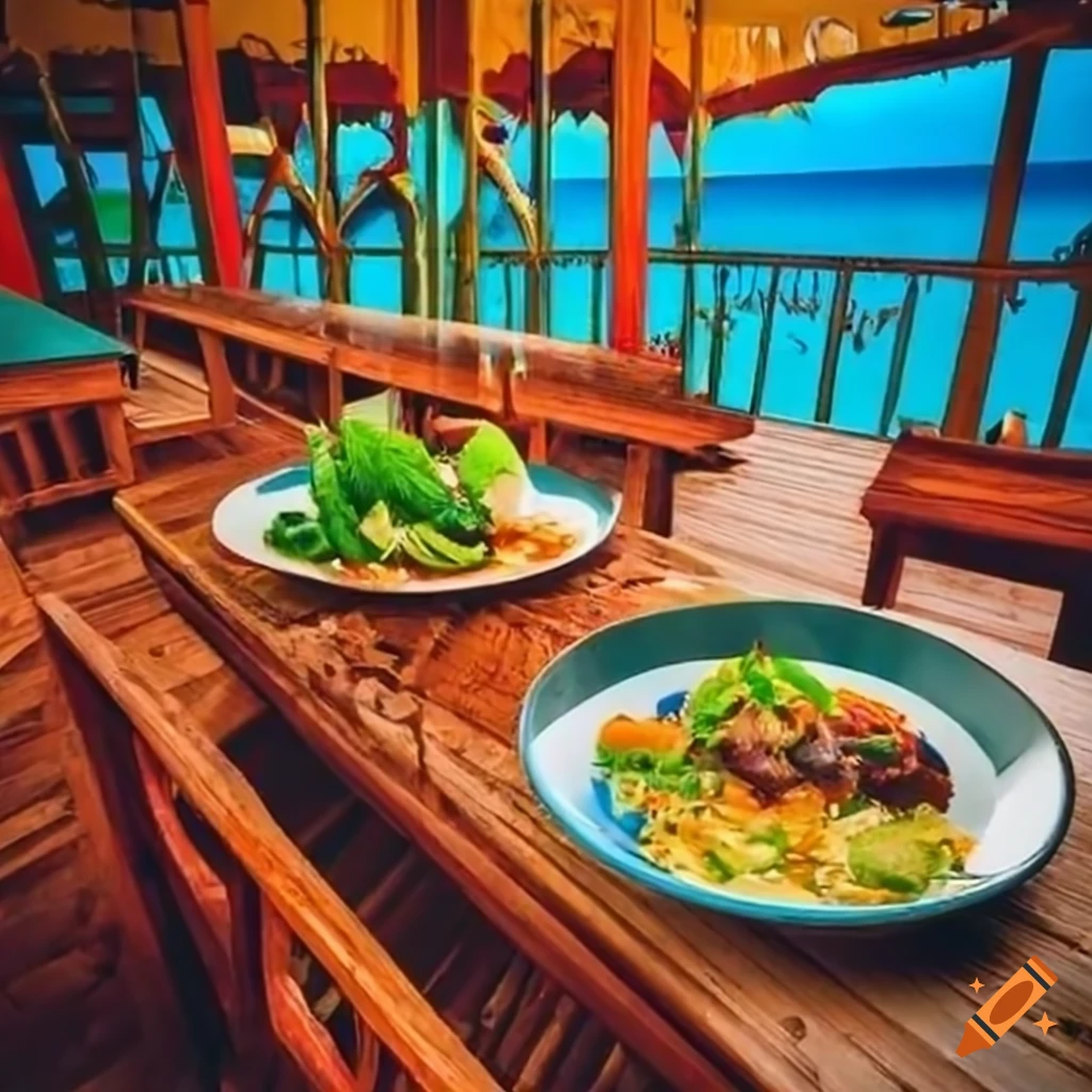 Traditional meal in a colorful palauan restaurant with wooden ...