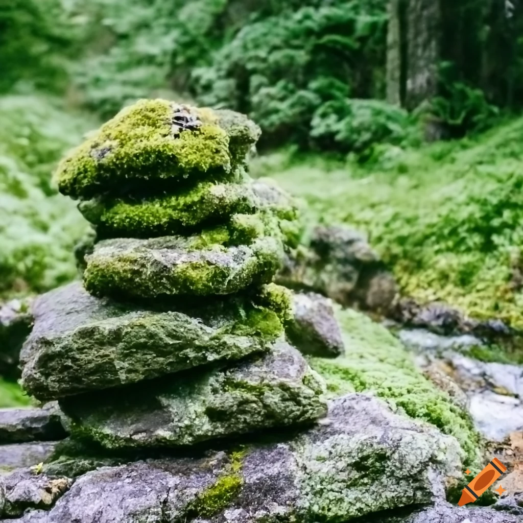 Mossy rocks stacked in a natural arrangement on Craiyon