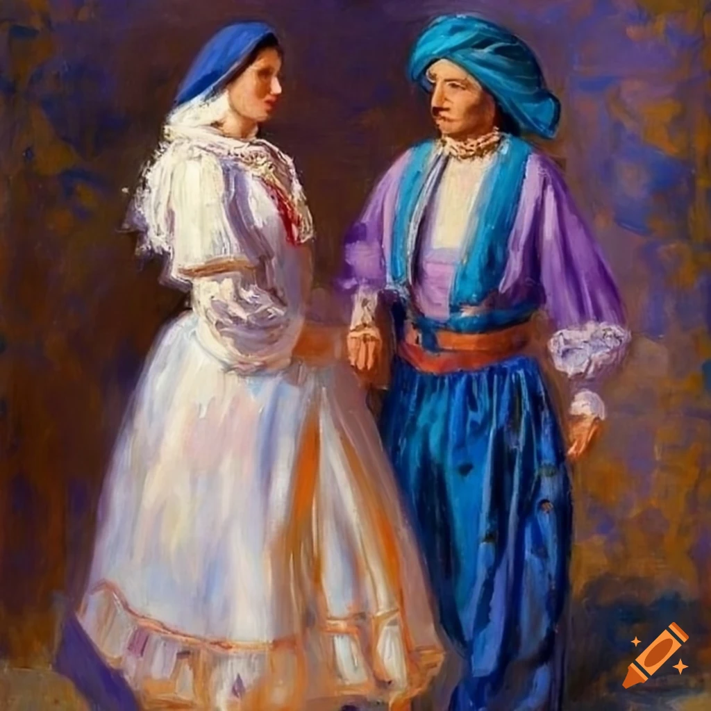 Man and woman in traditional mediterranean clothes in blue and purple ...