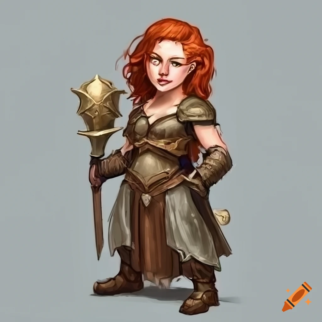 Female halfling cleric with copper hair and hazel eyes in banded mail ...