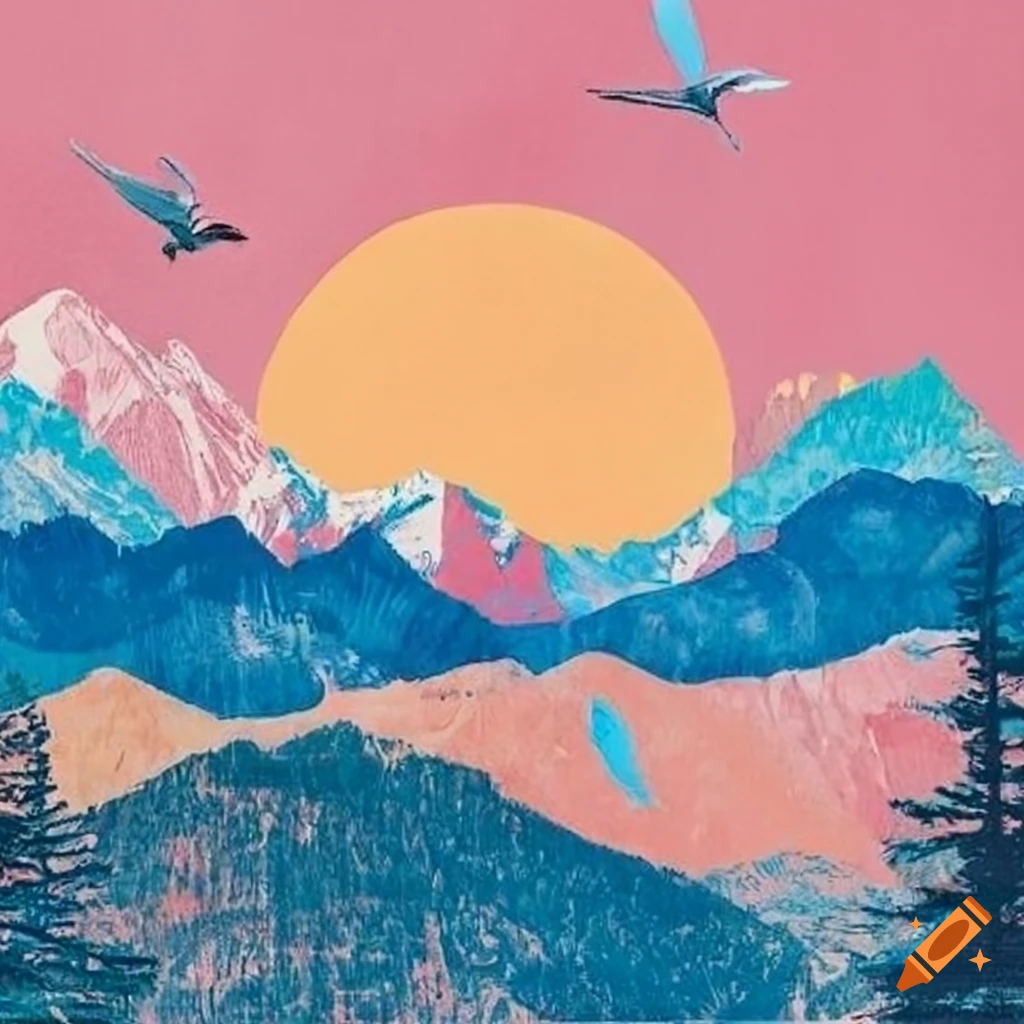 Estes park colorado mountains collage artwork with birds on Craiyon