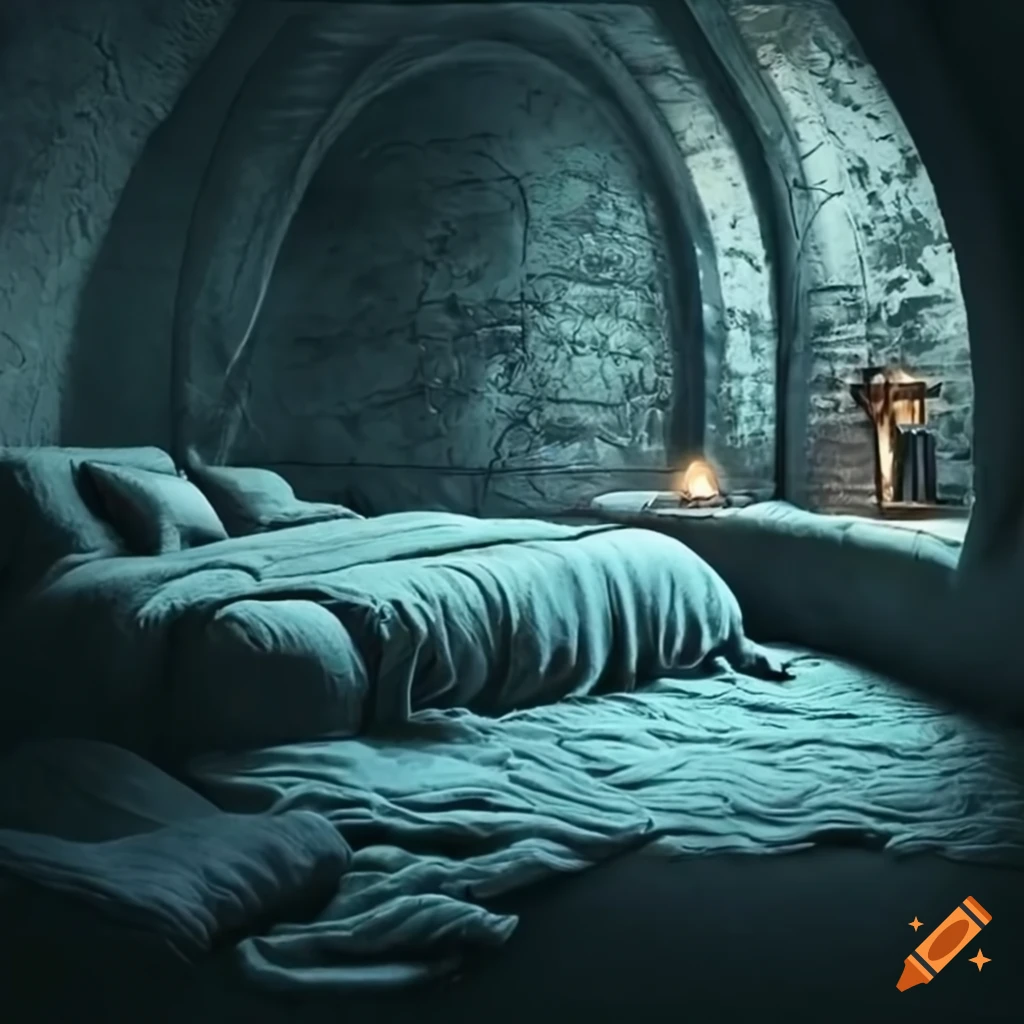 Cozy underground bedroom with blankets on the ground on Craiyon