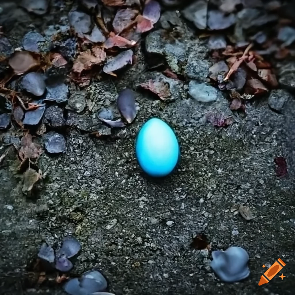 Blue egg on ground captured from top view in low quality photo on Craiyon