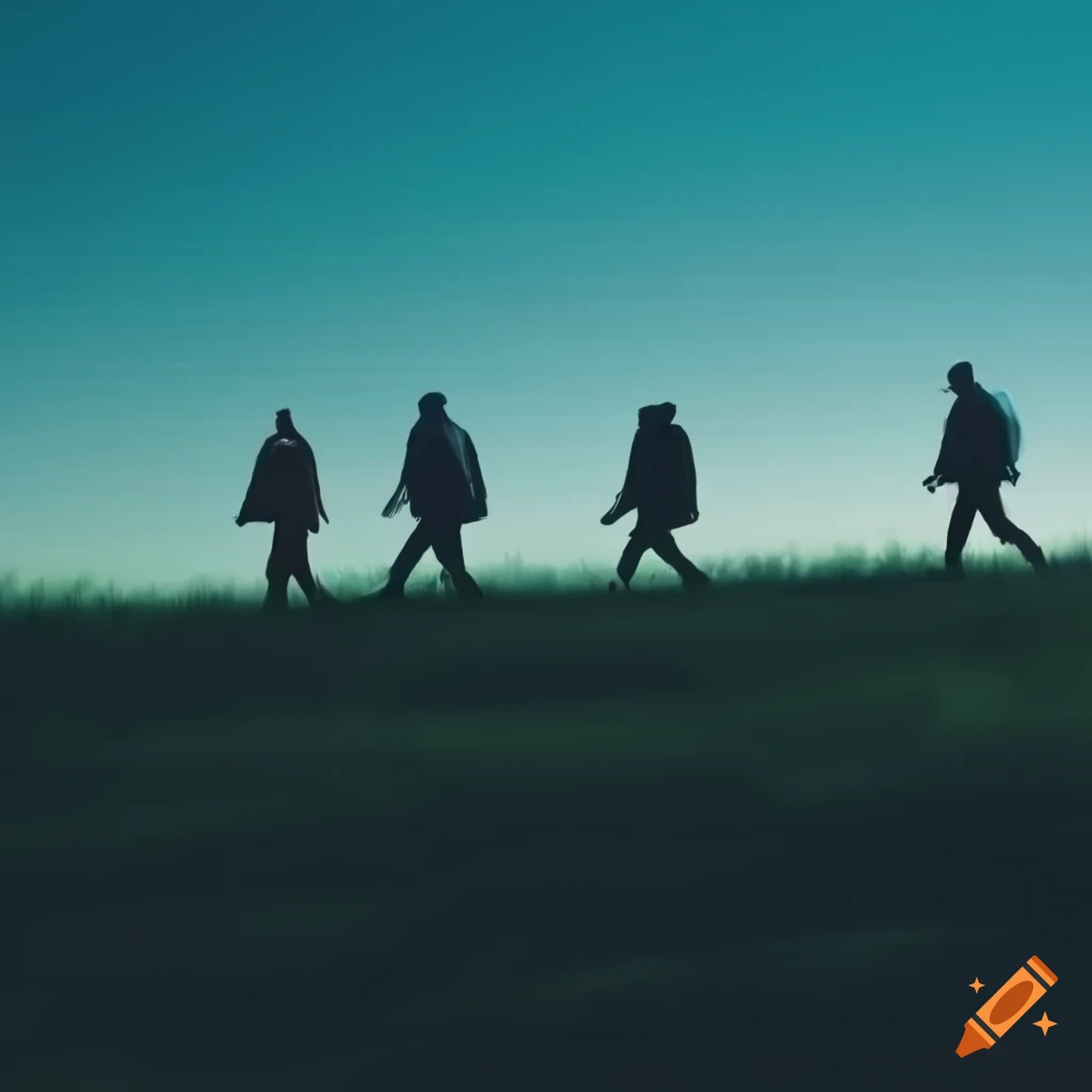 Four men walking in a grassland under a blue sky on Craiyon
