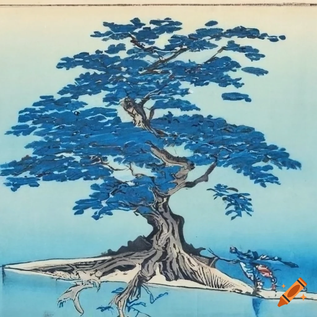 Japanese tree with blue leaves and white trunk in ukiyo-e style on Craiyon
