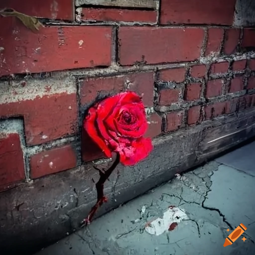Bloody rose growing from concrete in a busy street setting on Craiyon