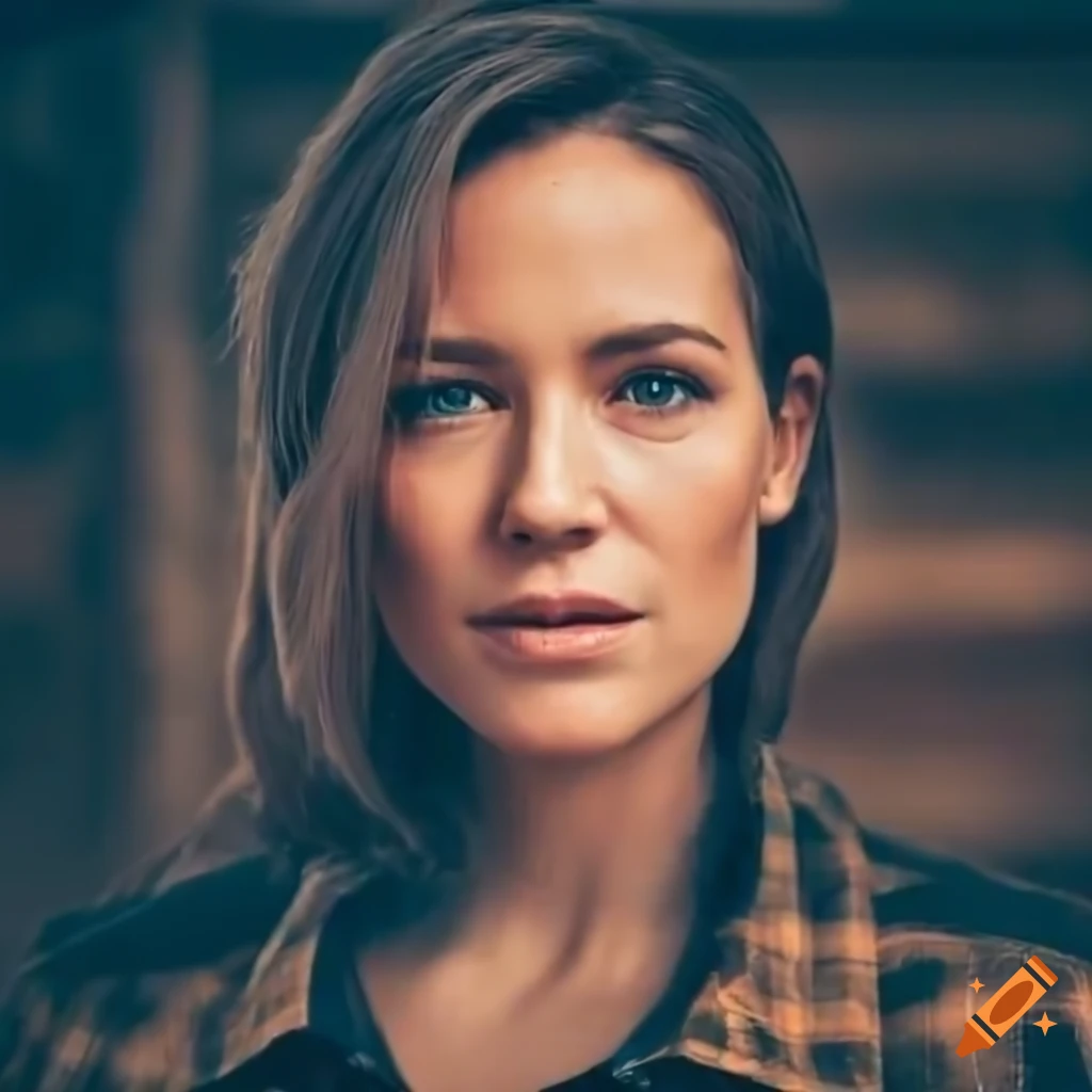 Close-up view with a resemblance to British actress Alison King in a stylish outfit on Craiyon