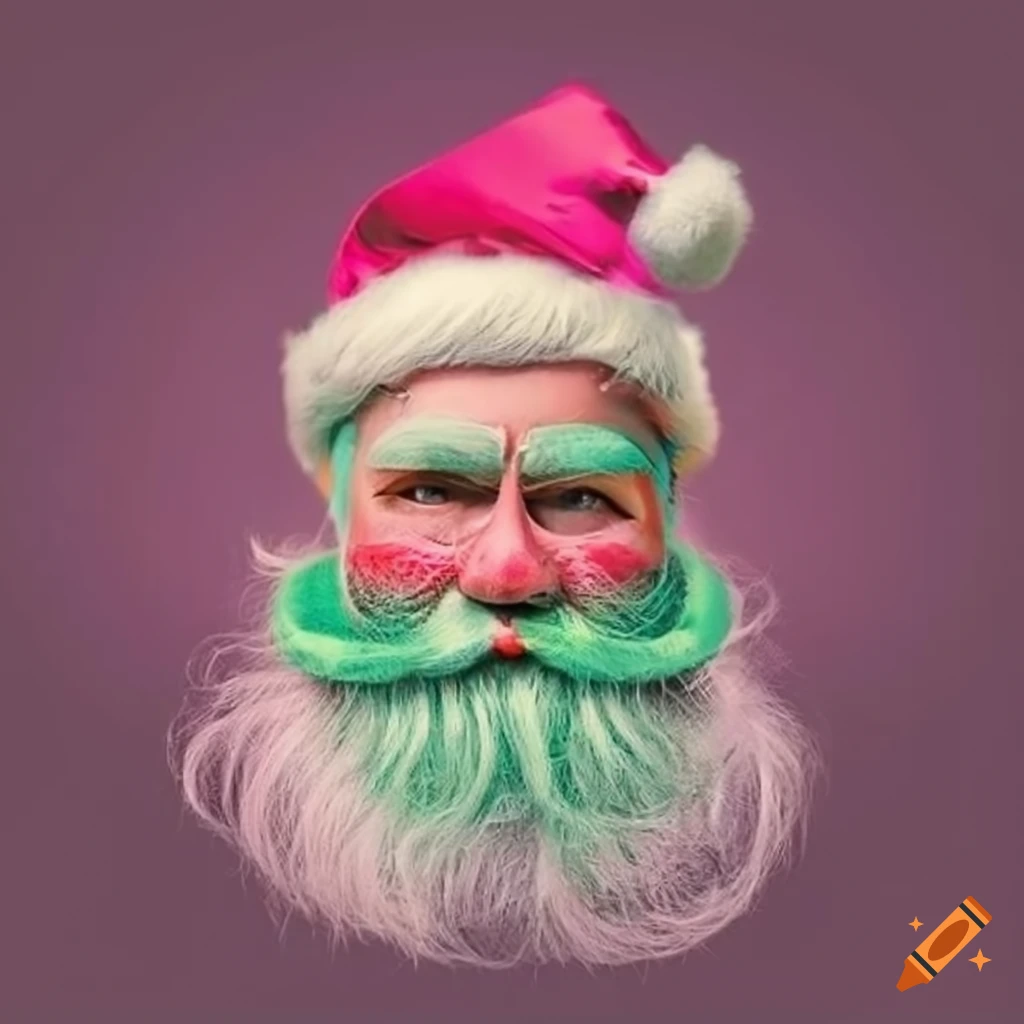 Santa claus in a pink outfit with a green beard on Craiyon