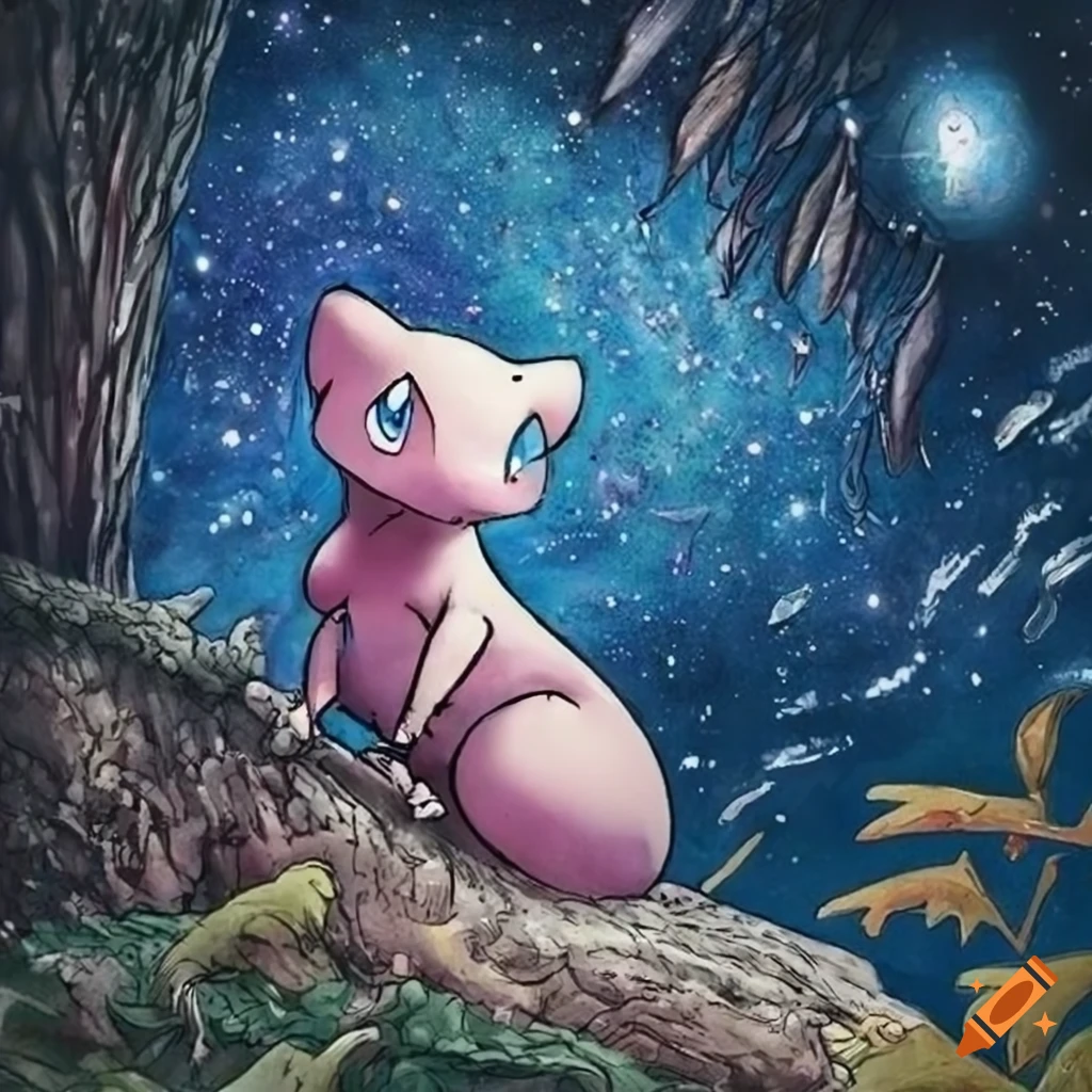 Mew Pokémon under starry sky in a detailed storybook illustration on ...