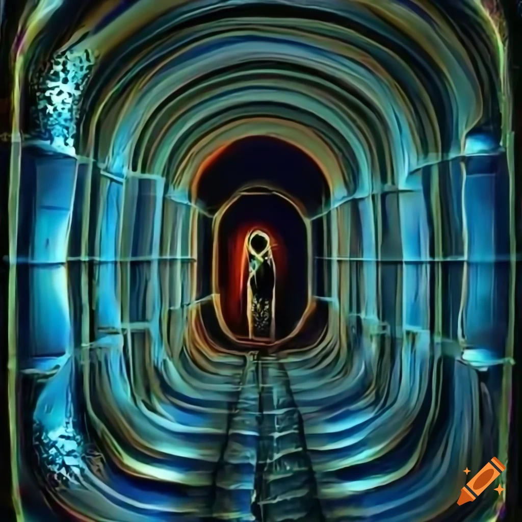Interdimensional portal opening in a colorful mirror maze revealing ...