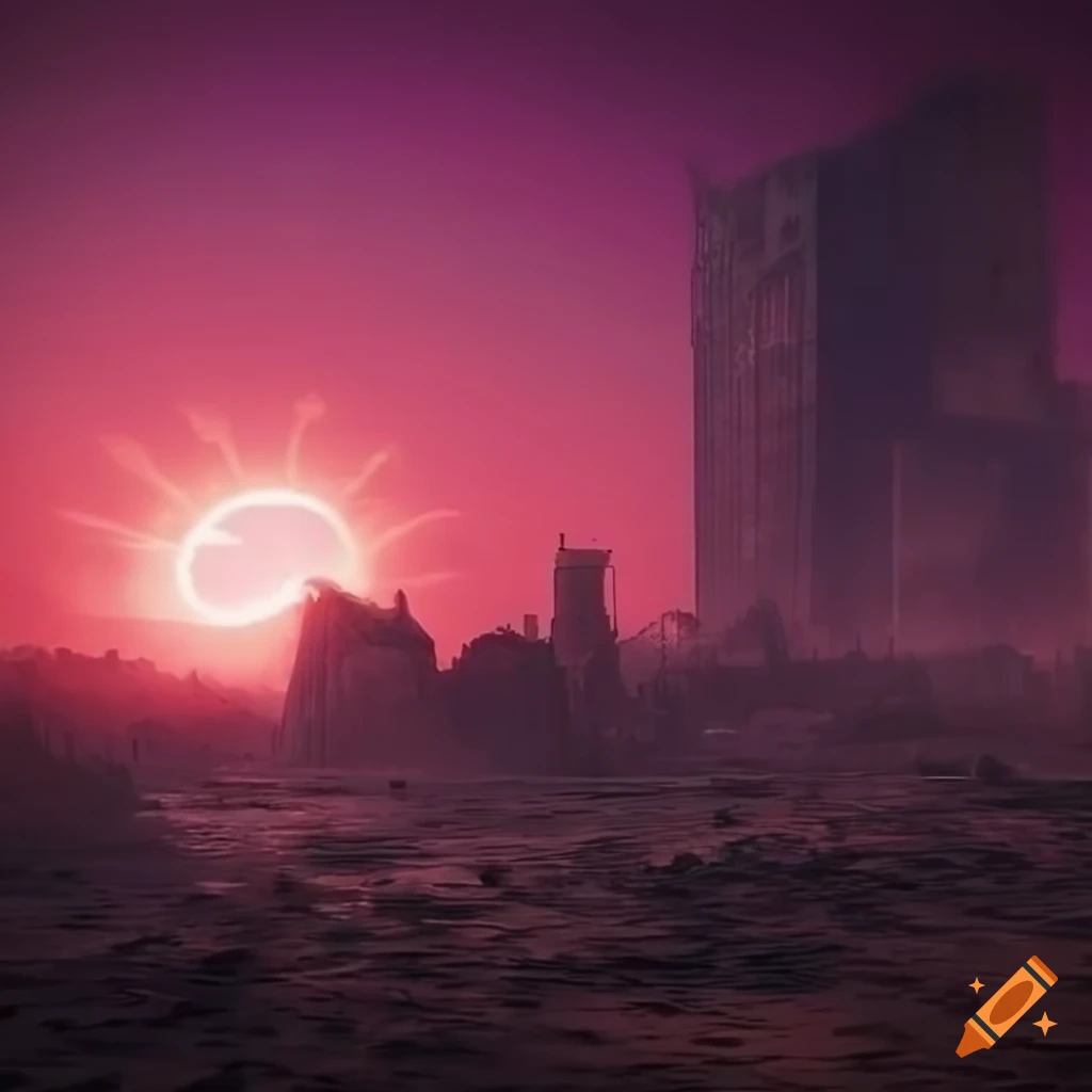 Post apocalyptic world with black sky and pink sun, barren landscape on ...