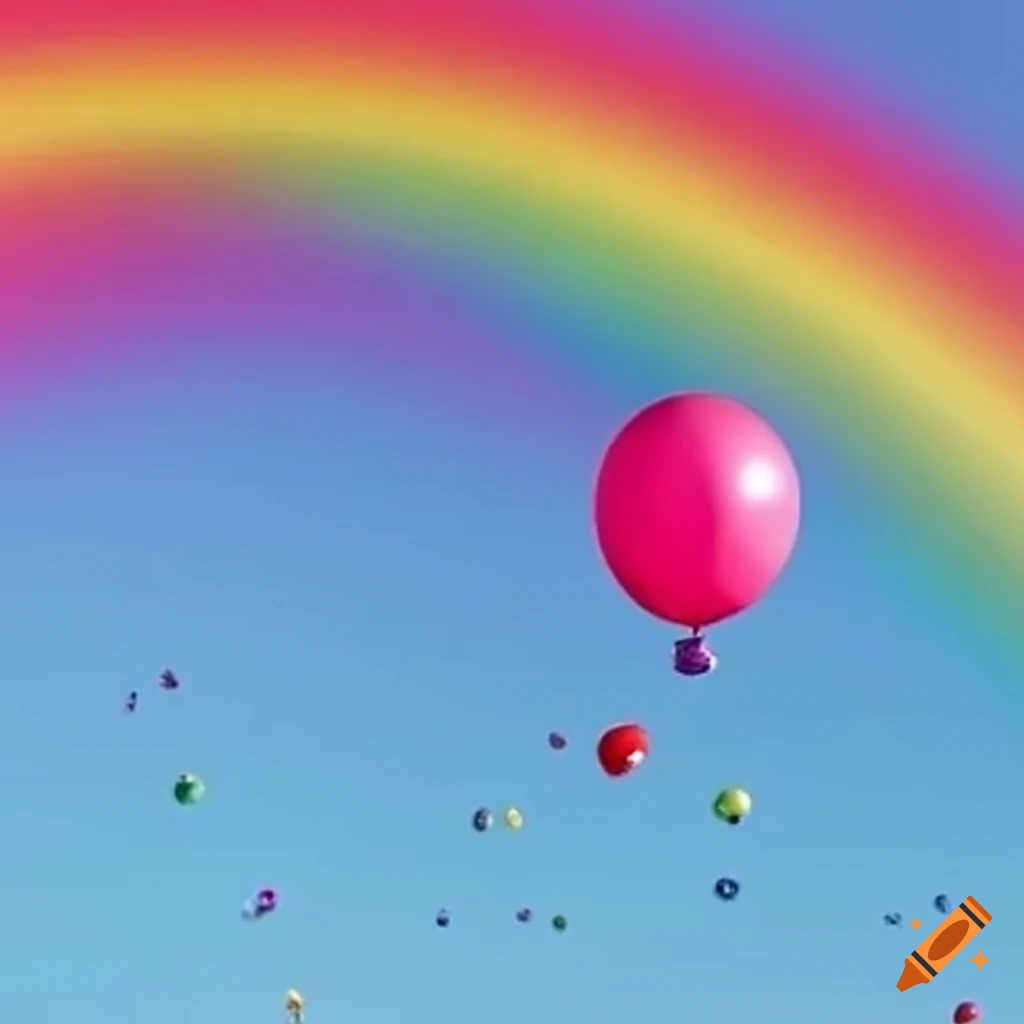 Colorful balloons floating past a rainbow on Craiyon