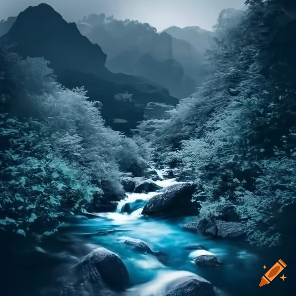 Monochrome nature scene with birds, lush flora, blue stream, and ...