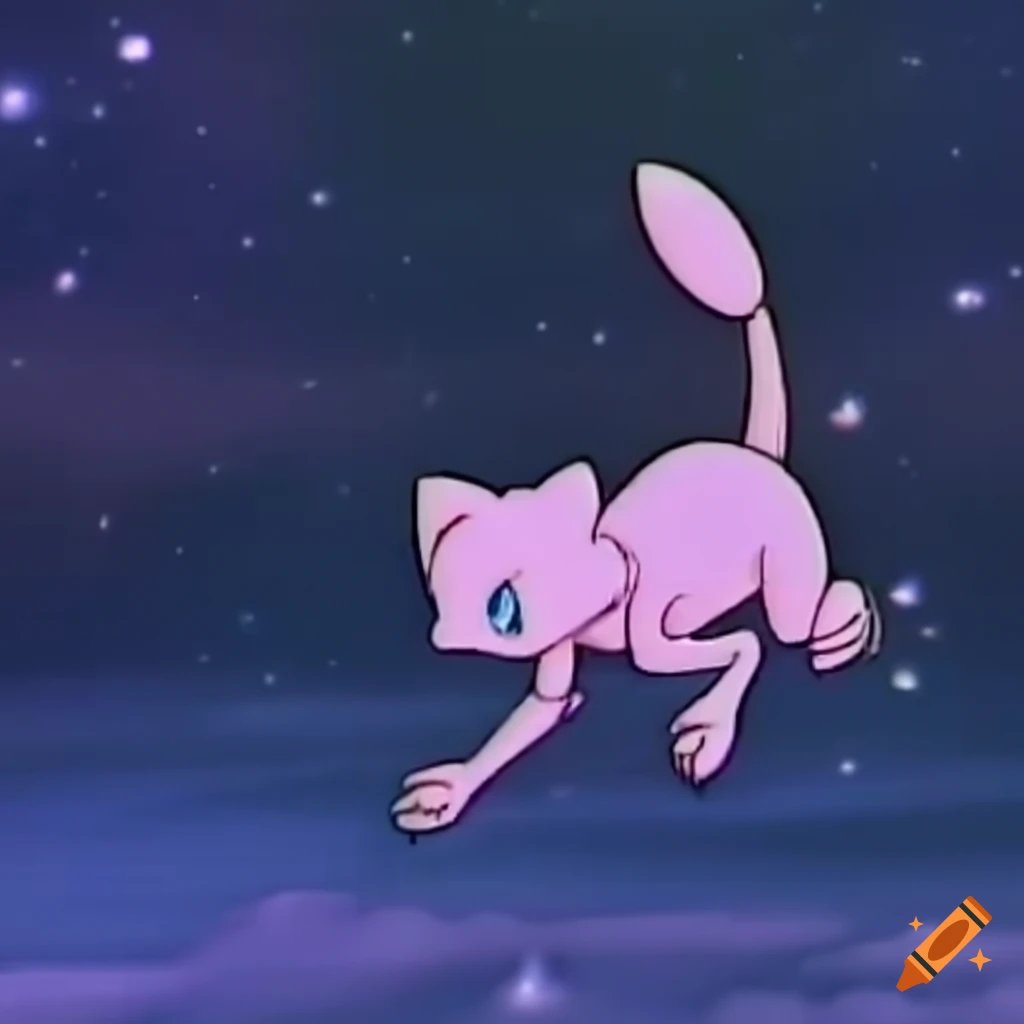 Mew (pokémon) under starry sky in a 1960s hanna-barbera cartoon style ...