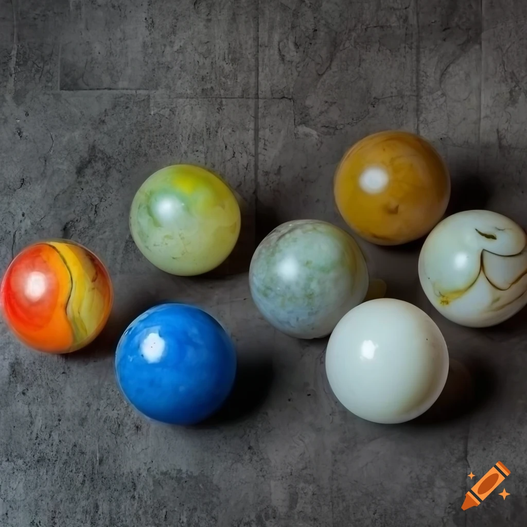 Six unique marble balls arranged artistically on the floor on Craiyon