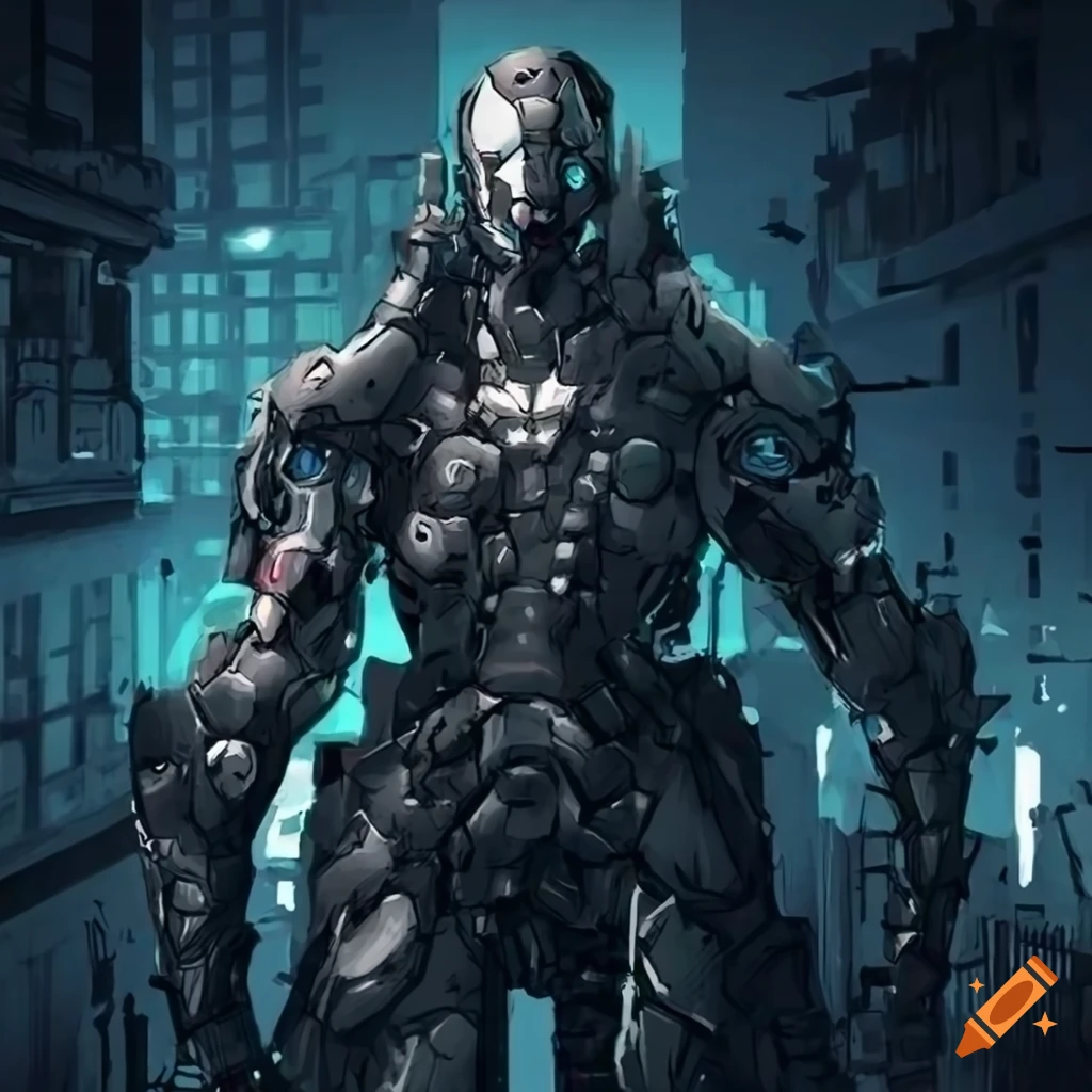 Cyborg warrior in a futuristic city inspired by yoji shinkawa on Craiyon